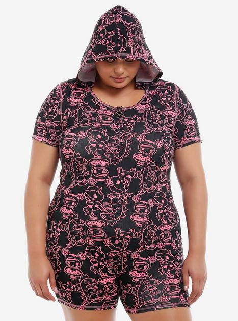 Tokidoki Black & Pink Character Outline Hooded Romper Plus Size | Hot Topic