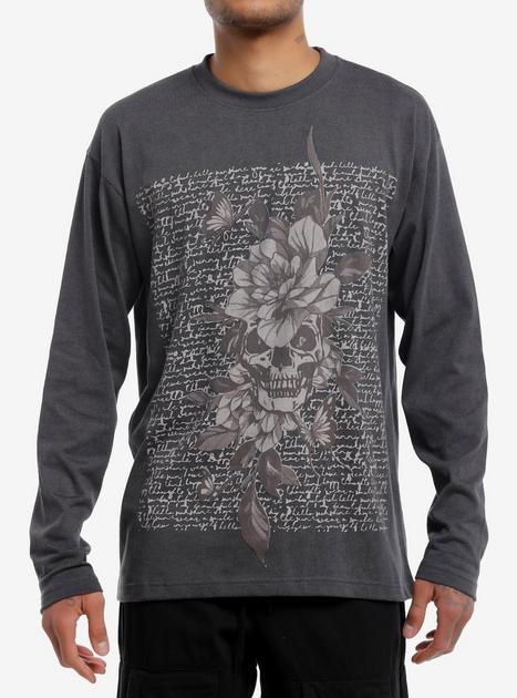 Dark Grey Floral Skull Long-Sleeve T-Shirt | Hot Topic