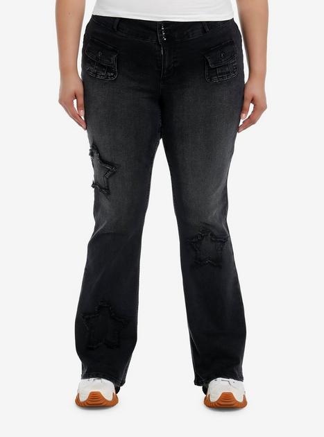 Black Frayed Star Patch Flare Denim Pants Plus Size | Hot Topic