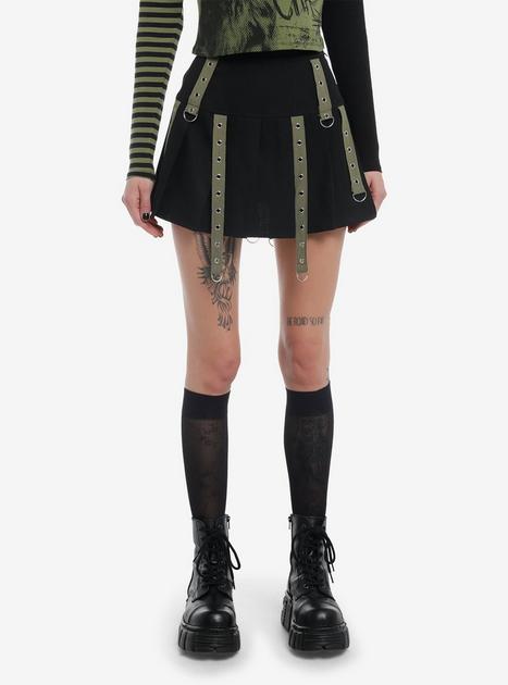 Social Collision Black And Green Grommet Tape Pleated Skirt Hot Topic