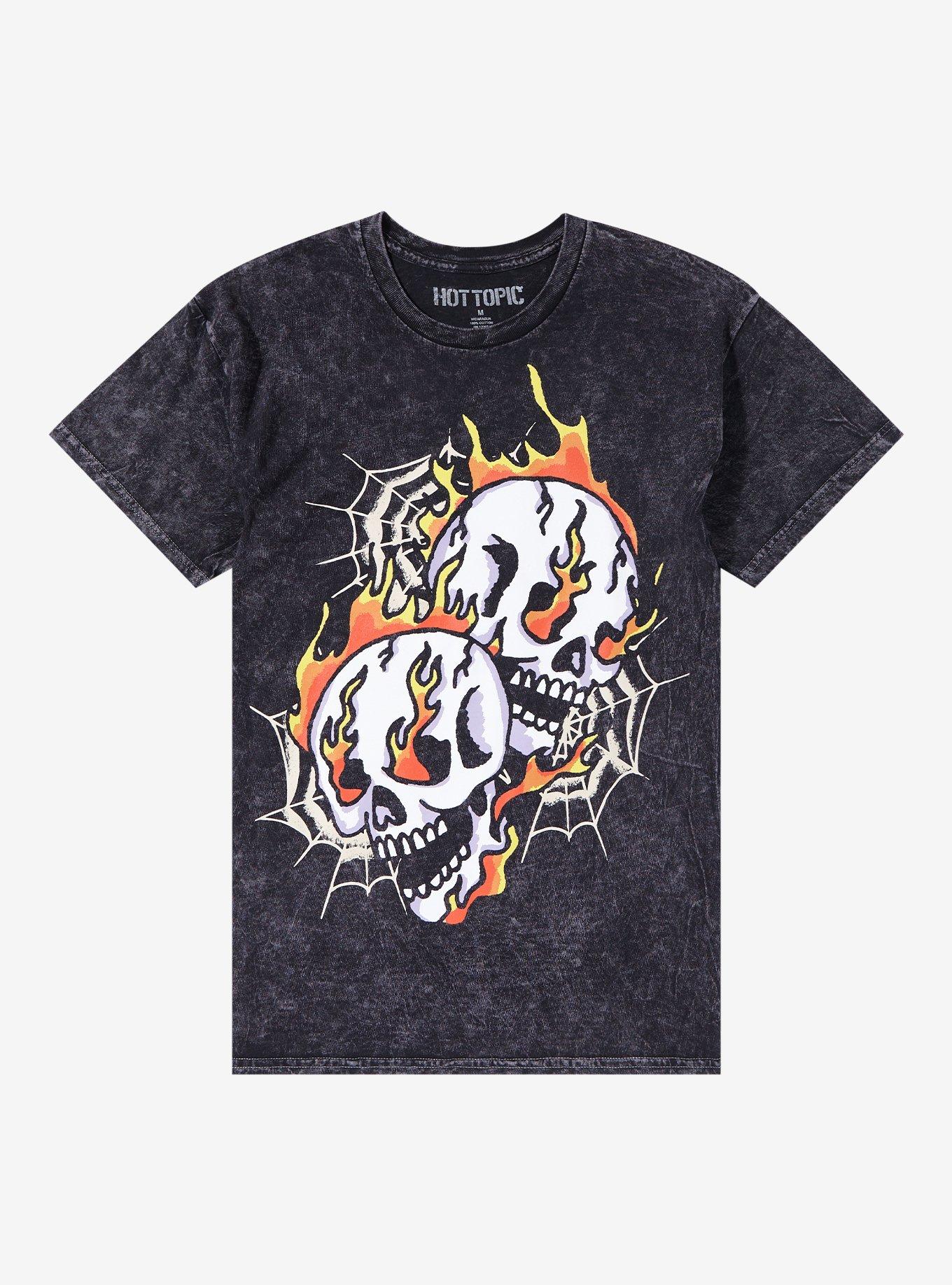 Fire Skull Spiderweb Dark Wash T-Shirt | Hot Topic
