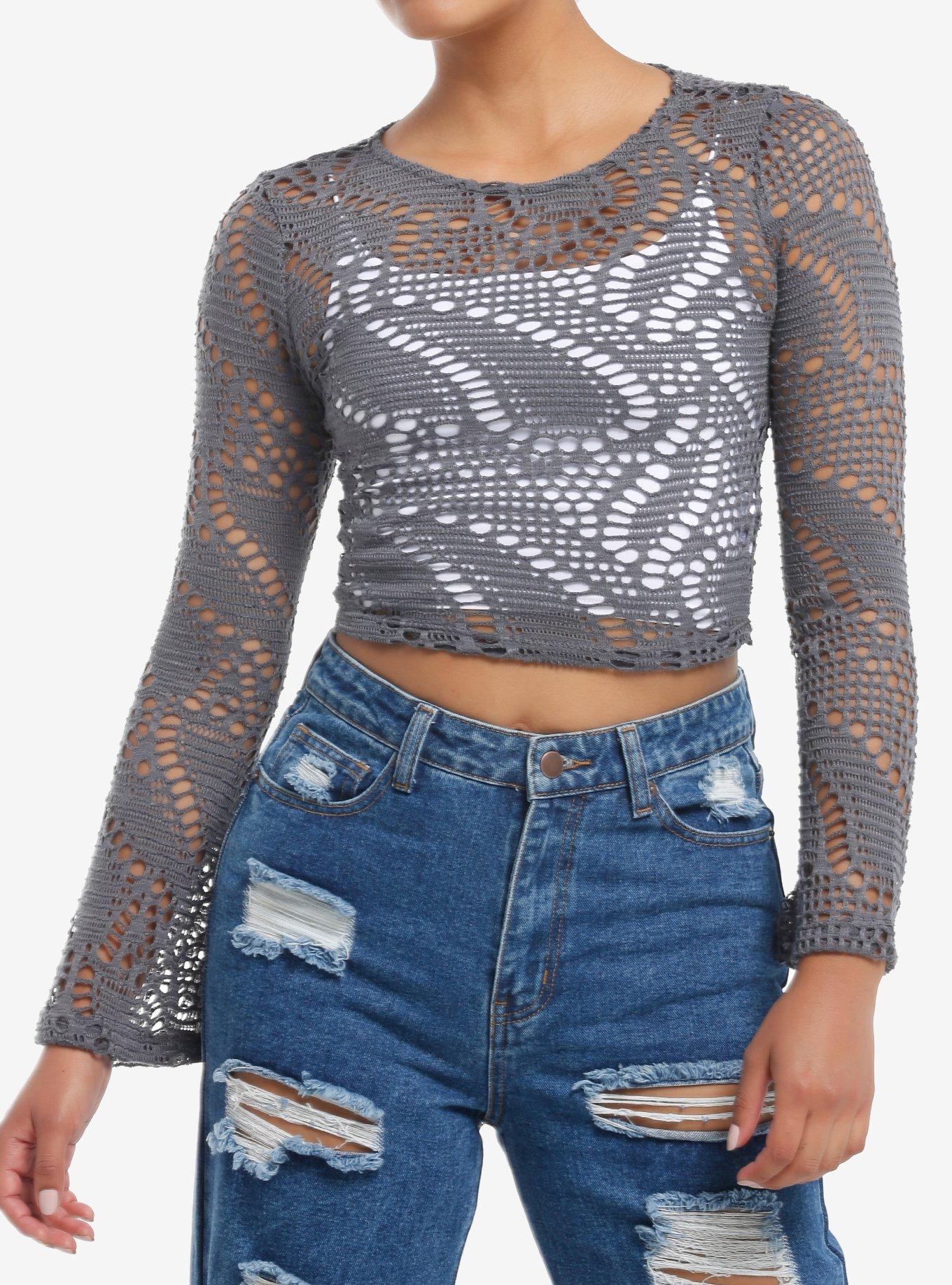 Grey Open Knit Girls Crop Long-Sleeve Top | Hot Topic