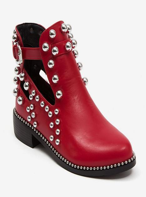 River Side Bootie with Studs and Buckle Red | Hot Topic