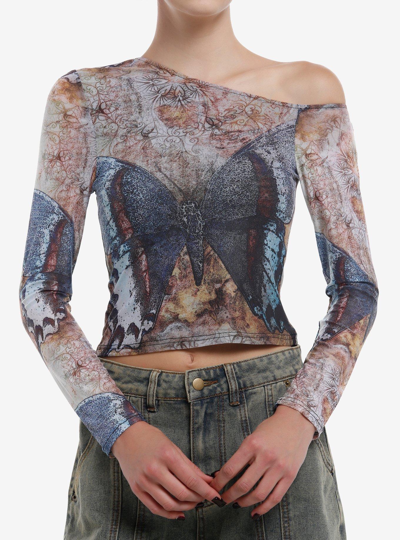 Thorn & Fable Butterfly Mosaic Off-The-Shoulder Girls Long-Sleeve Top ...