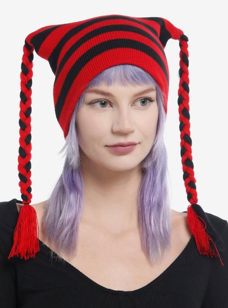 Black & Red Stripe Ear Braided Tassel Beanie | Hot Topic