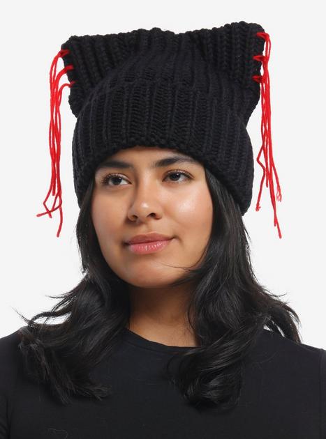 Black & Red Tassel Ear Beanie | Hot Topic