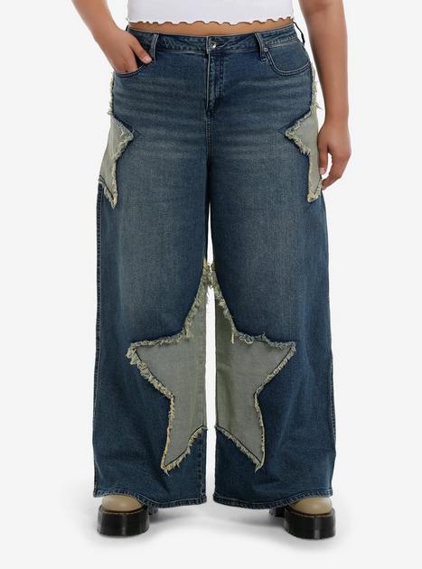 Two-Toned Star Applique Wide-Leg Jeans Plus Size | Hot Topic