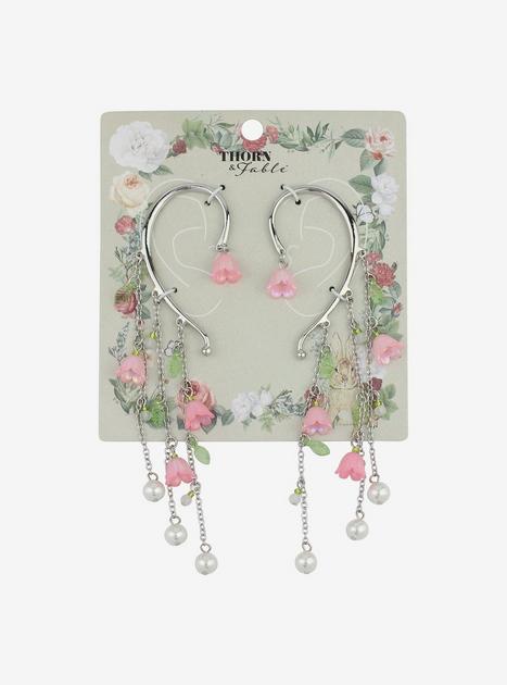Thorn & Fable Pink Flower Pearl Cuff Earring Set | Hot Topic