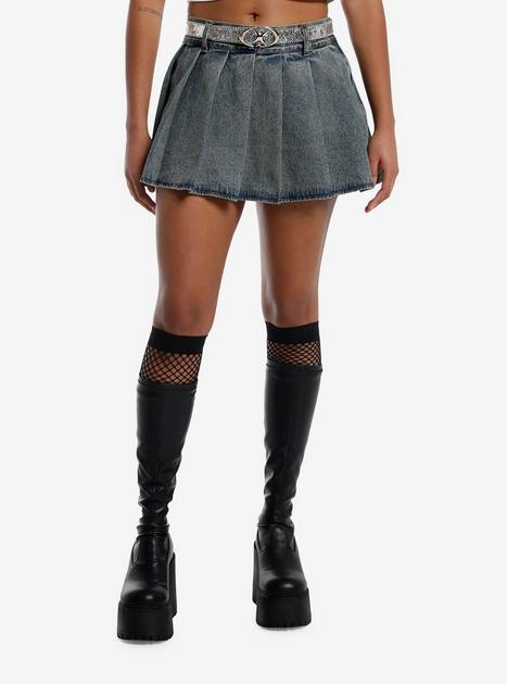 Social Collision Glitter Belt Denim Pleated Skirt Hot Topic