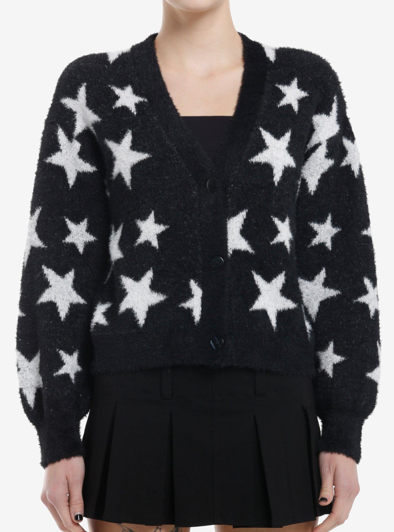 Black And White Star Fuzzy Girls Cardigan Hot Topic