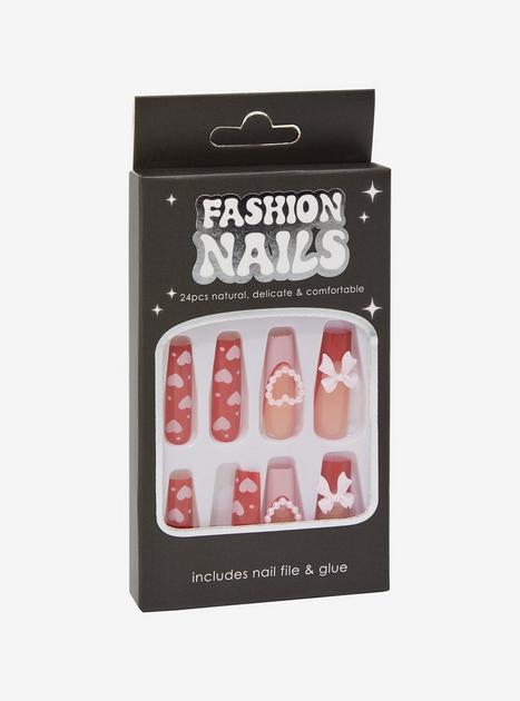 Pink Heart & Bow Faux Nail Set | Hot Topic