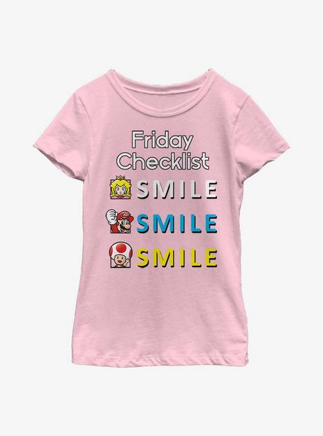 Nintendo Super Mario Friday Checklist Smile Youth Girls T-Shirt - PINK ...