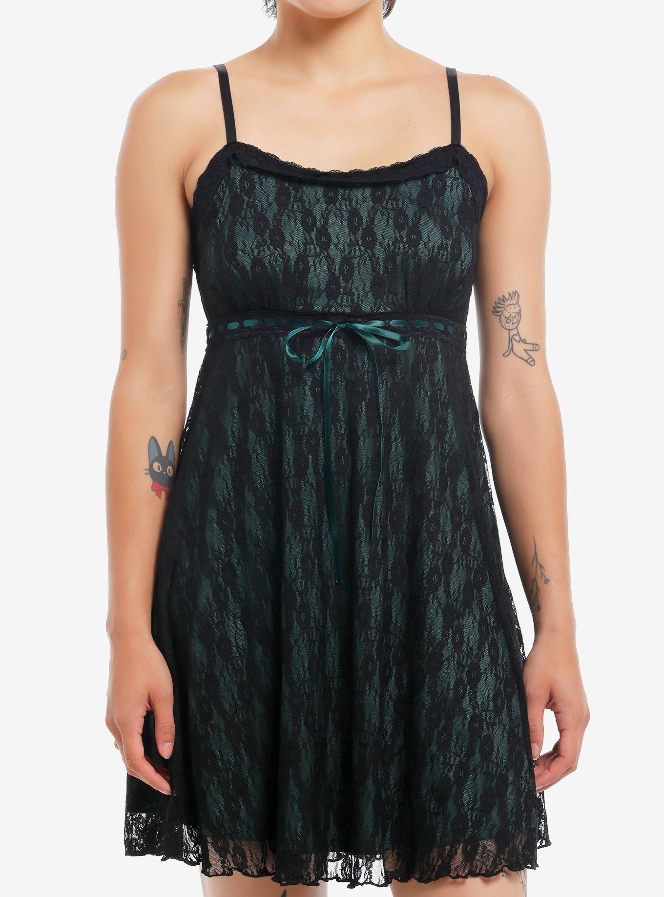 Cosmic Aura Black & Green Lace Slip Dress | Hot Topic