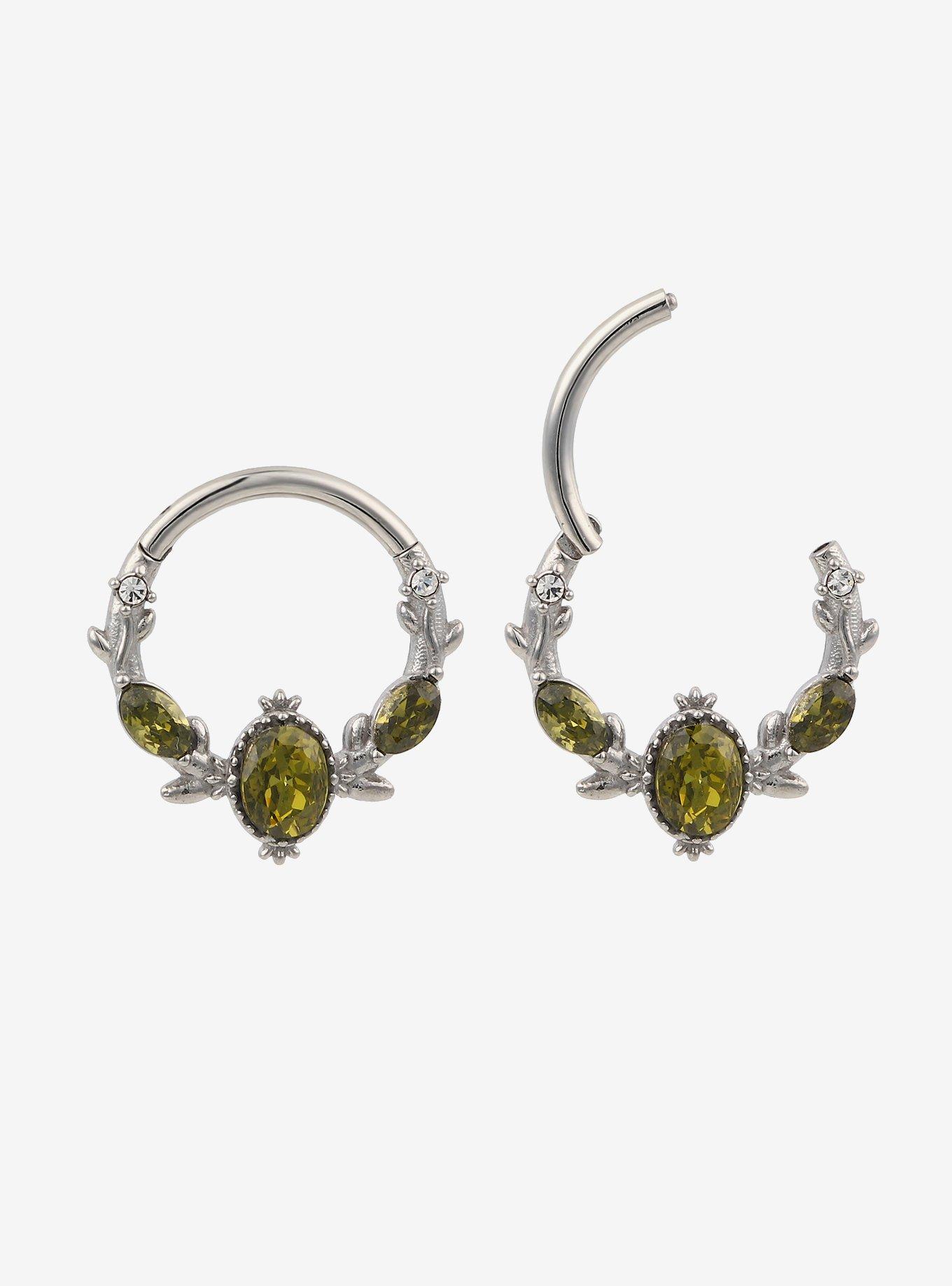 Steel Silver Green Stone & Garland Hinged Clicker | Hot Topic