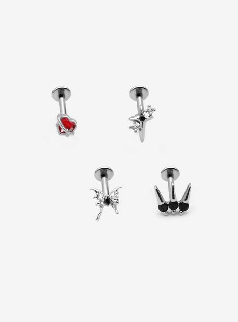 18G Steel Silver Heart & Butterfly Drip Stud 4 Pack | Hot Topic