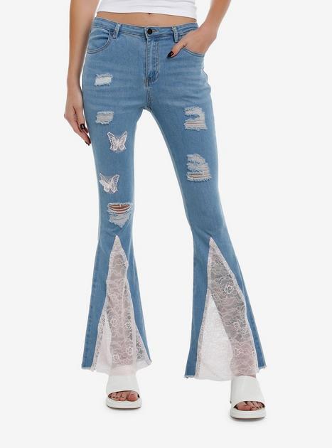 Light Blue & Pink Butterflies Flare Jeans | Hot Topic