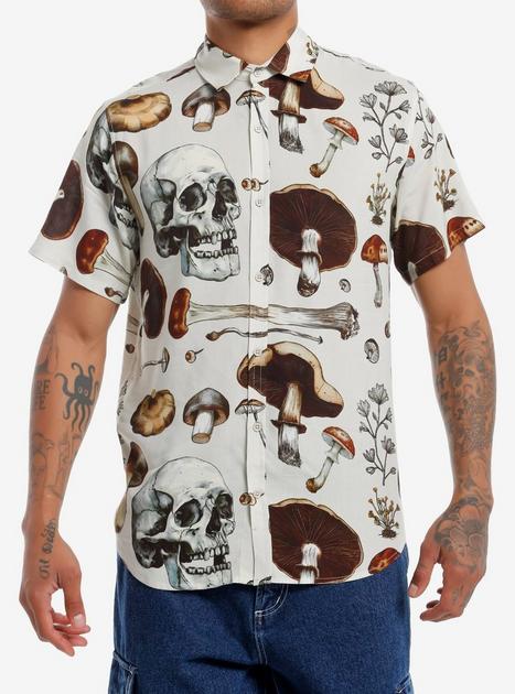 Mushrooms & Skulls Allover Print Woven Button-Up | Hot Topic