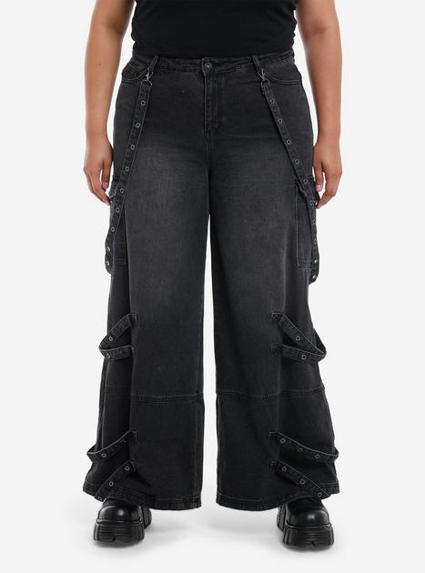 Black Wash Grommets & Straps Wide Leg Jeans Plus Size | Hot Topic