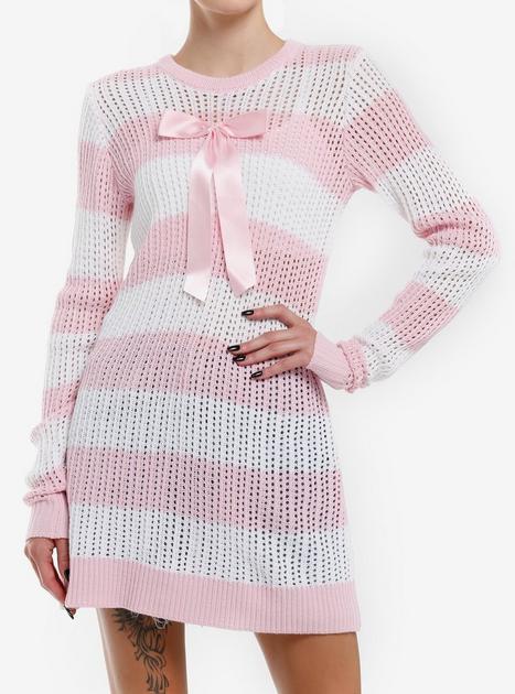 Sweet Society Pink & White Stripe Bow Knit Sweater Dress | Hot Topic
