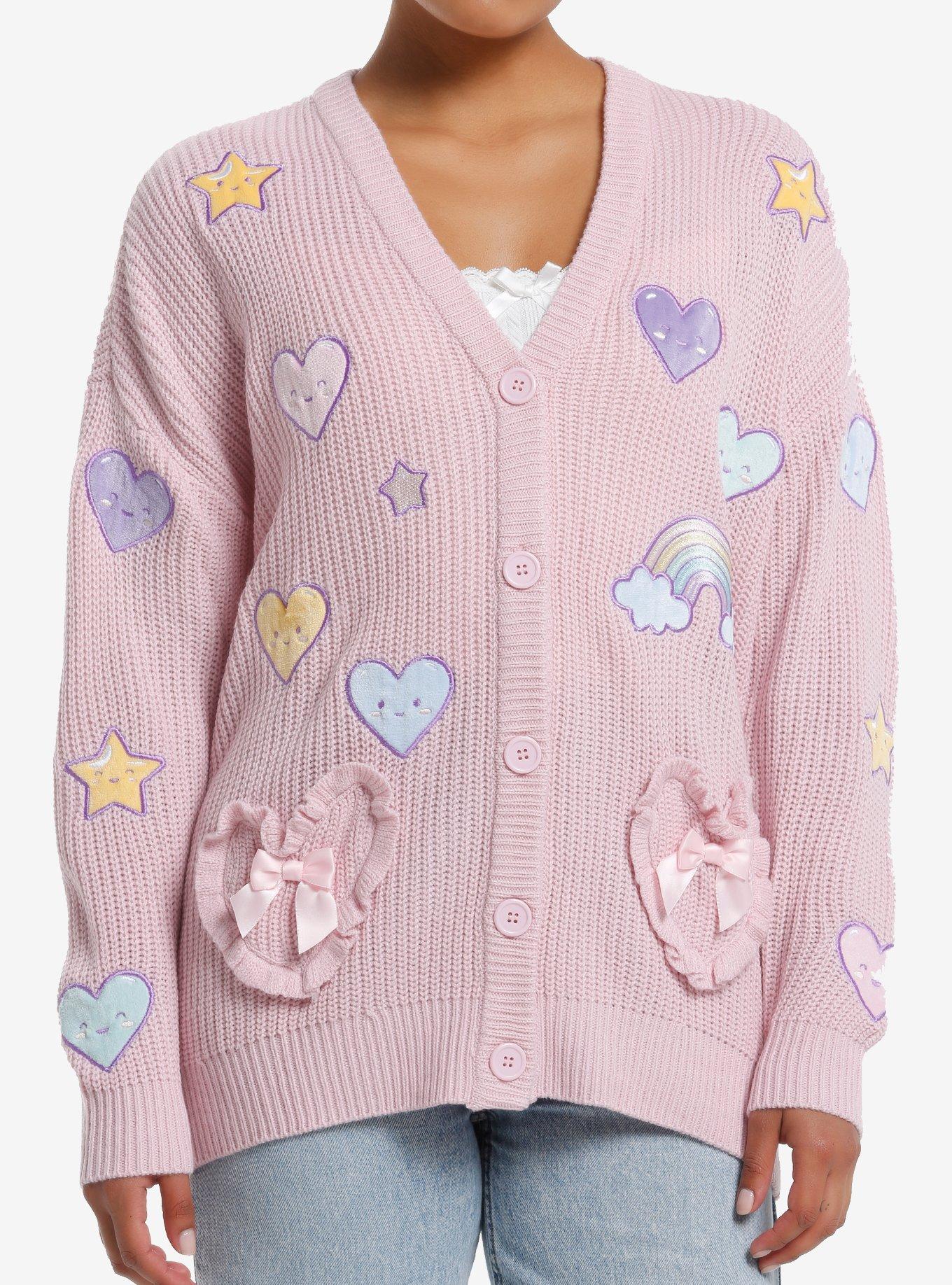 Sweet Society Rainbow Hearts And Star Patch Pastel Pink Girls Cardigan