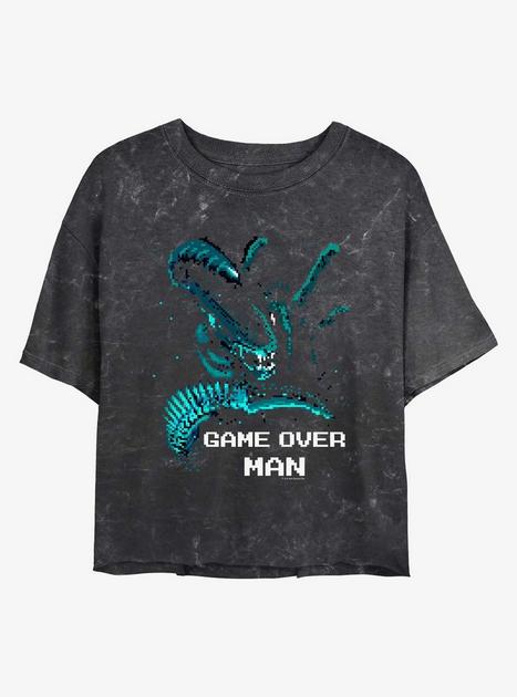 Alien Game Over Man Pixel Girls Mineral Wash Crop T-Shirt - BLACK | Hot ...