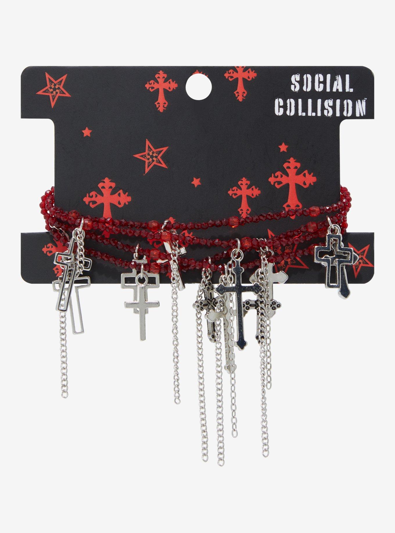 Social Collision Cross Chains Beaded Bracelet | Hot Topic