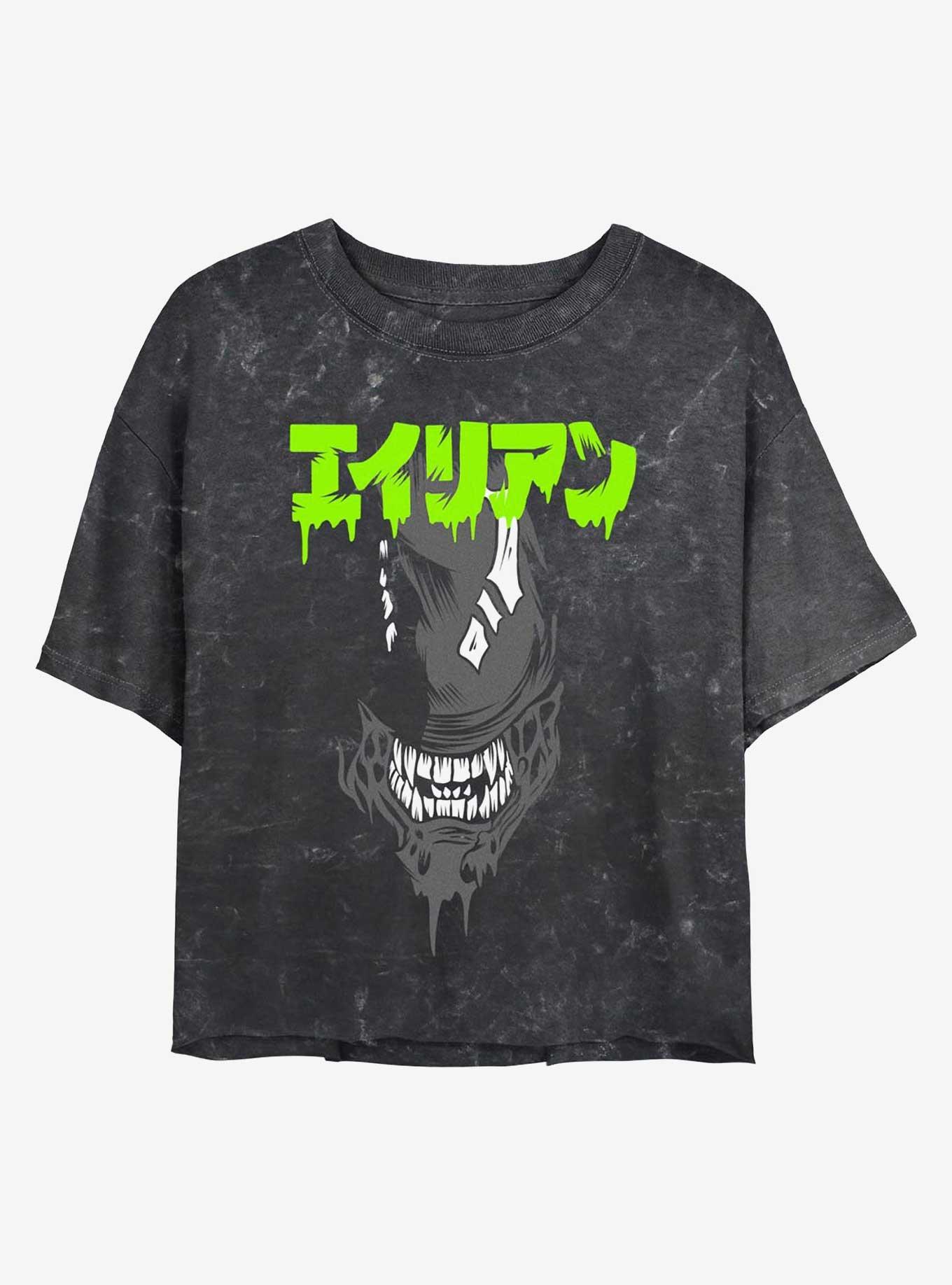 Alien Big Face Kanji Womens Mineral Wash Crop T-Shirt - MULTI | BoxLunch
