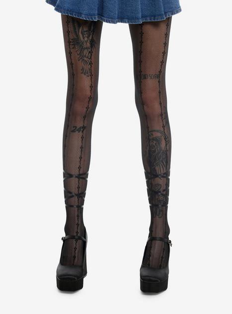 Black Patterned Lace-Up Tights | Hot Topic