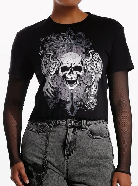 Social Collision Winged Skull And Rose Rhinestone Mesh Girls Twofer Long