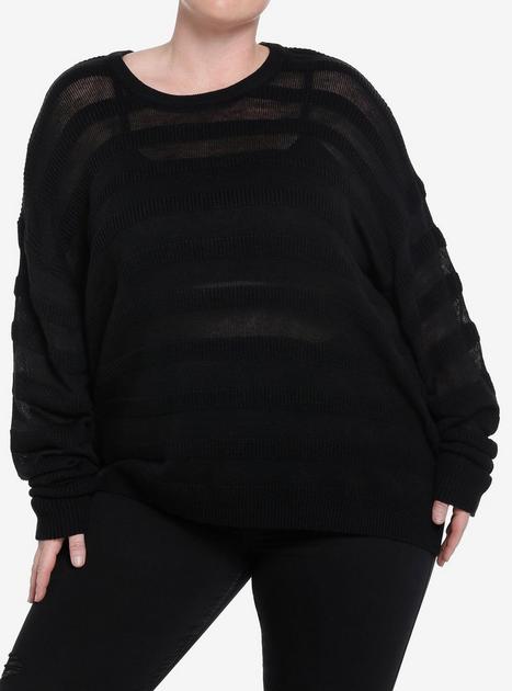 Social Collision Black Mesh Stripe Girls Knit Long Sleeve Top Plus Size