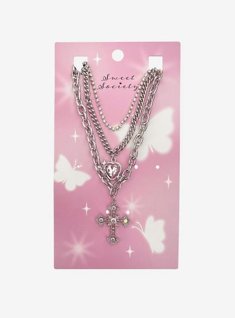 Sweet Society Pink Heart Cross Necklace Set | Hot Topic