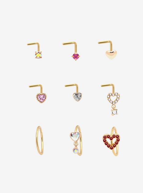 Steel Gold Pink Heart Nose Stud & Hoop 9 Pack | Hot Topic