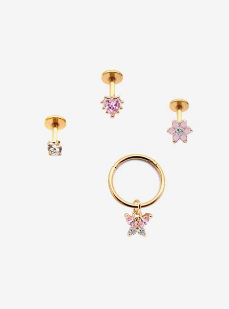 Steel Gold Butterfly & Flower Labret Stud & Hoop 4 Pack | Hot Topic