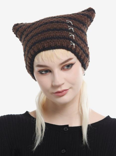 Black & Brown Stripe Stitches Subtle Ear Beanie | Hot Topic