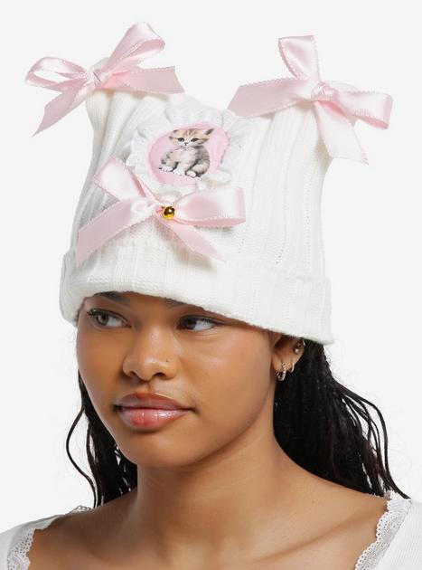 Kitty Portrait Pink Ribbon Ear Beanie | Hot Topic