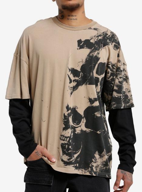 Social Collision Skulls Beige And Black Twofer Long Sleeve T Shirt Hot