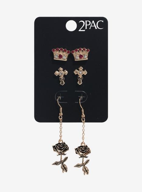 Tupac Crown Cross Rose Earring Set | Hot Topic