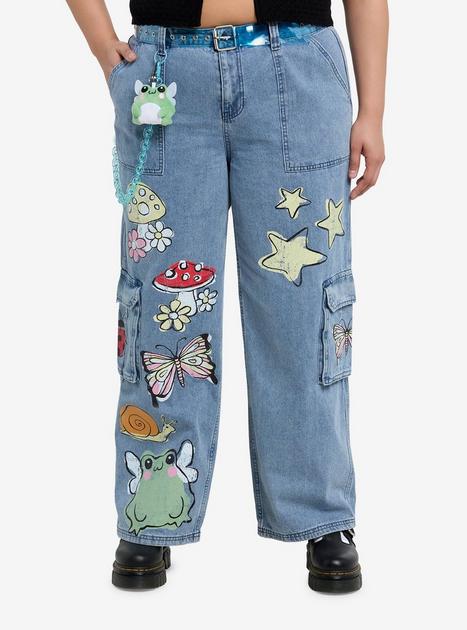 Light Wash Cute Critter Wide Leg Denim Pants With Belt Plus Size | Hot ...