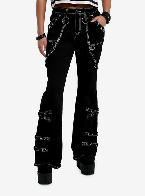 Black & White Contrast Stitch Grommet Chain Suspender Flare Pants | Hot ...