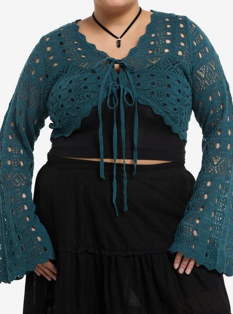 Cosmic Aura Teal Bell Sleeve Girls Crop Shrug Plus Size | Hot Topic