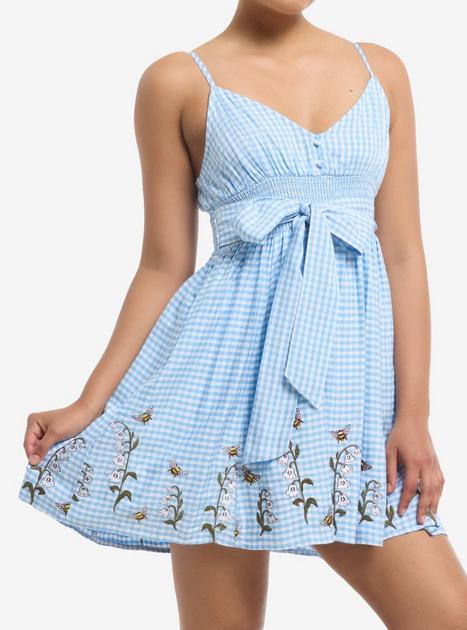 Thorn & Fable Blue Gingham Bee Ghost Flower Dress | Hot Topic
