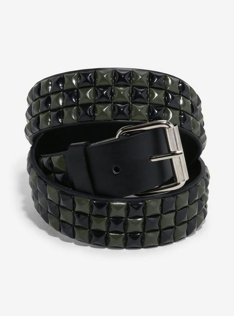 Olive & Black Three Row Pyramid Stud Belt | Hot Topic