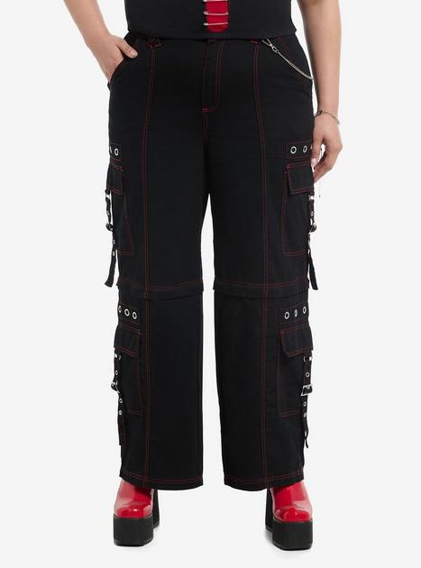Black & Red Contrast Stitch Grommet Strap Zip-Off Carpenter Pants Plus ...