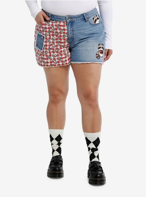 Raccoons & Cherries Gingham Patch Denim Shorts Plus Size | Hot Topic