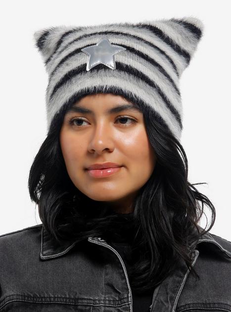 Black & Grey Stripe Star Subtle Ear Beanie | Hot Topic