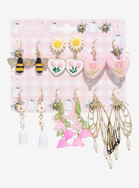 Thorn & Fable Ghost Bee Floral Drop Earring Set | Hot Topic