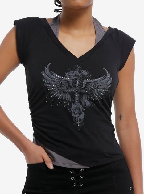 Black Winged Cross Rhinestone Twofer Halter Top | Hot Topic