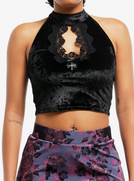 Cosmic Aura Black Velvet Lace Cutout Girls Halter Crop Top | Hot Topic