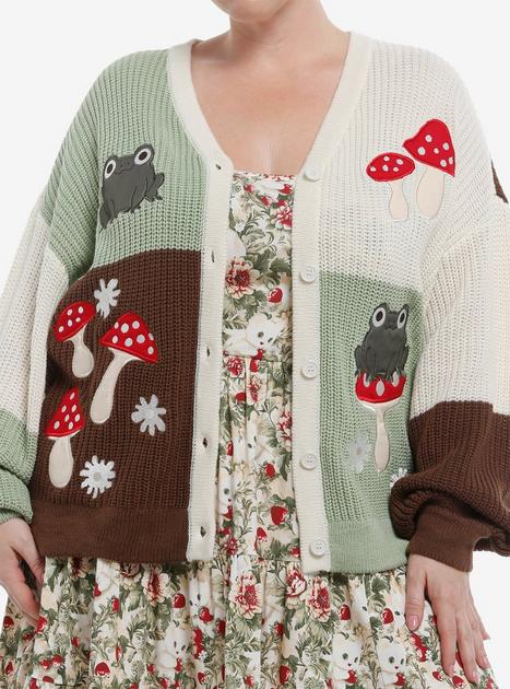 Thorn & Fable Frogs & Mushrooms Color-Block Girls Cardigan Plus Size ...