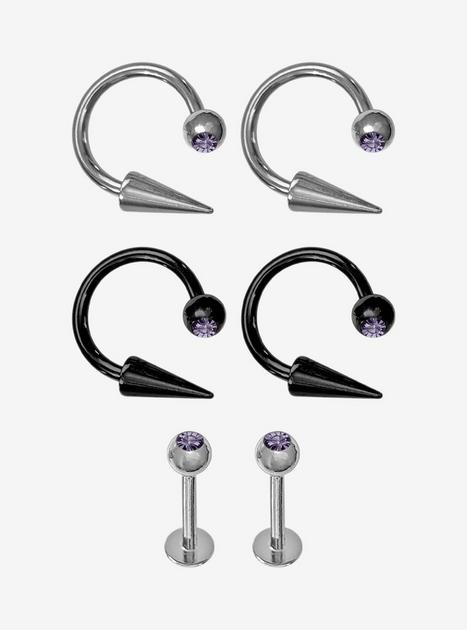 Steel Black & Silver Purple Gem Labret Stud & Circular Barbell 6 Pack ...